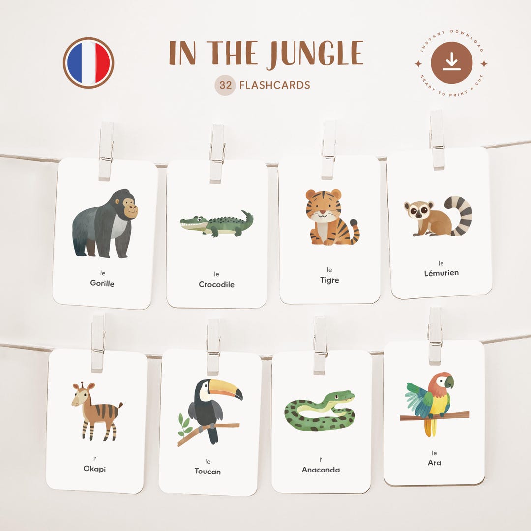 JUNGLE ANIMALS French Printable Flashcards Three-part Montessori Cards ...