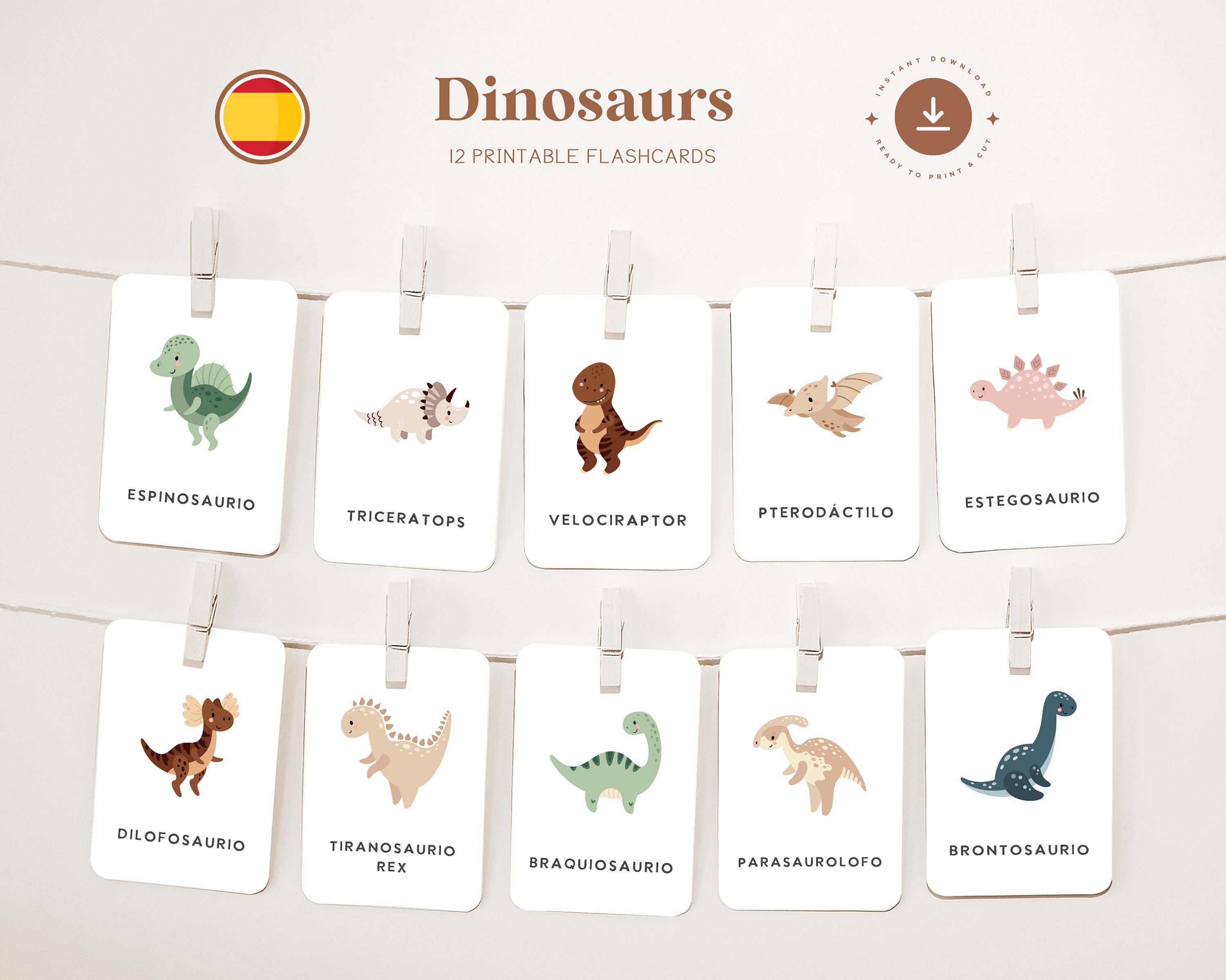 DINOSAURS Spanish Printable Flashcards Three-part Montessori Cards ...