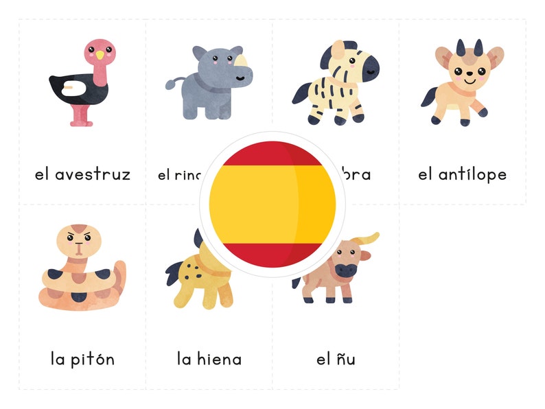 JUNGLE ANIMALS Spanish Printable Flashcards Three-part Montessori Cards ...