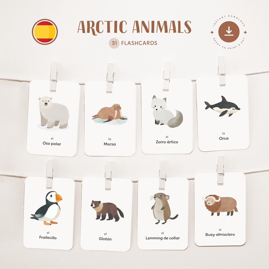 ARCTIC ANIMALS • Spanish • Printable Flashcards • Three-part Montessori ...