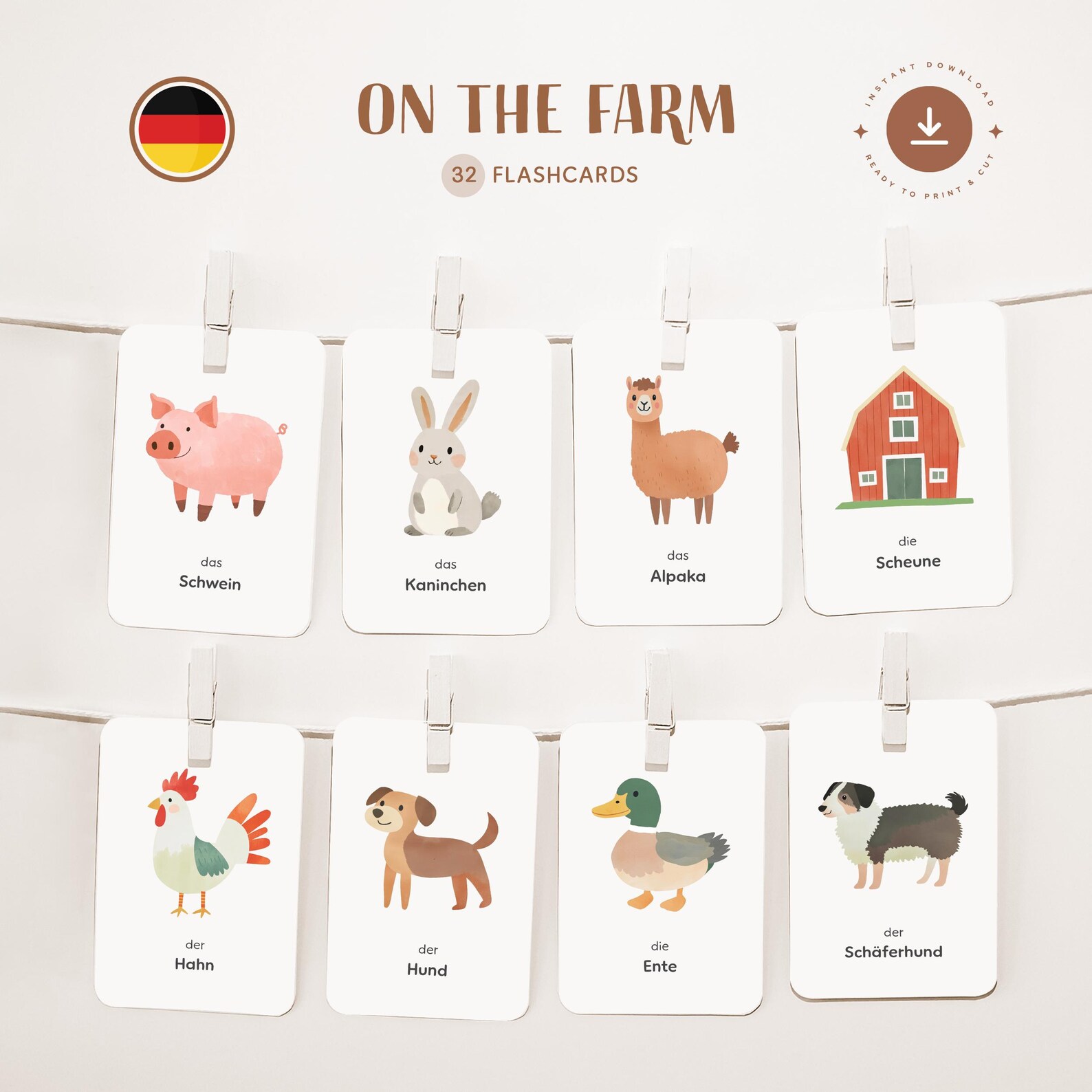 FARM ANIMALS • German • Printable Flashcards • Three-part Montessori ...
