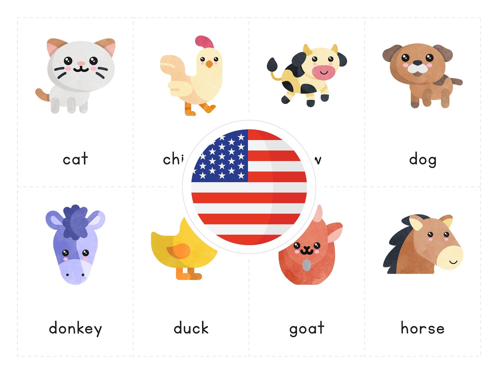 FARM ANIMALS English Printable Flashcards Three-part | Etsy