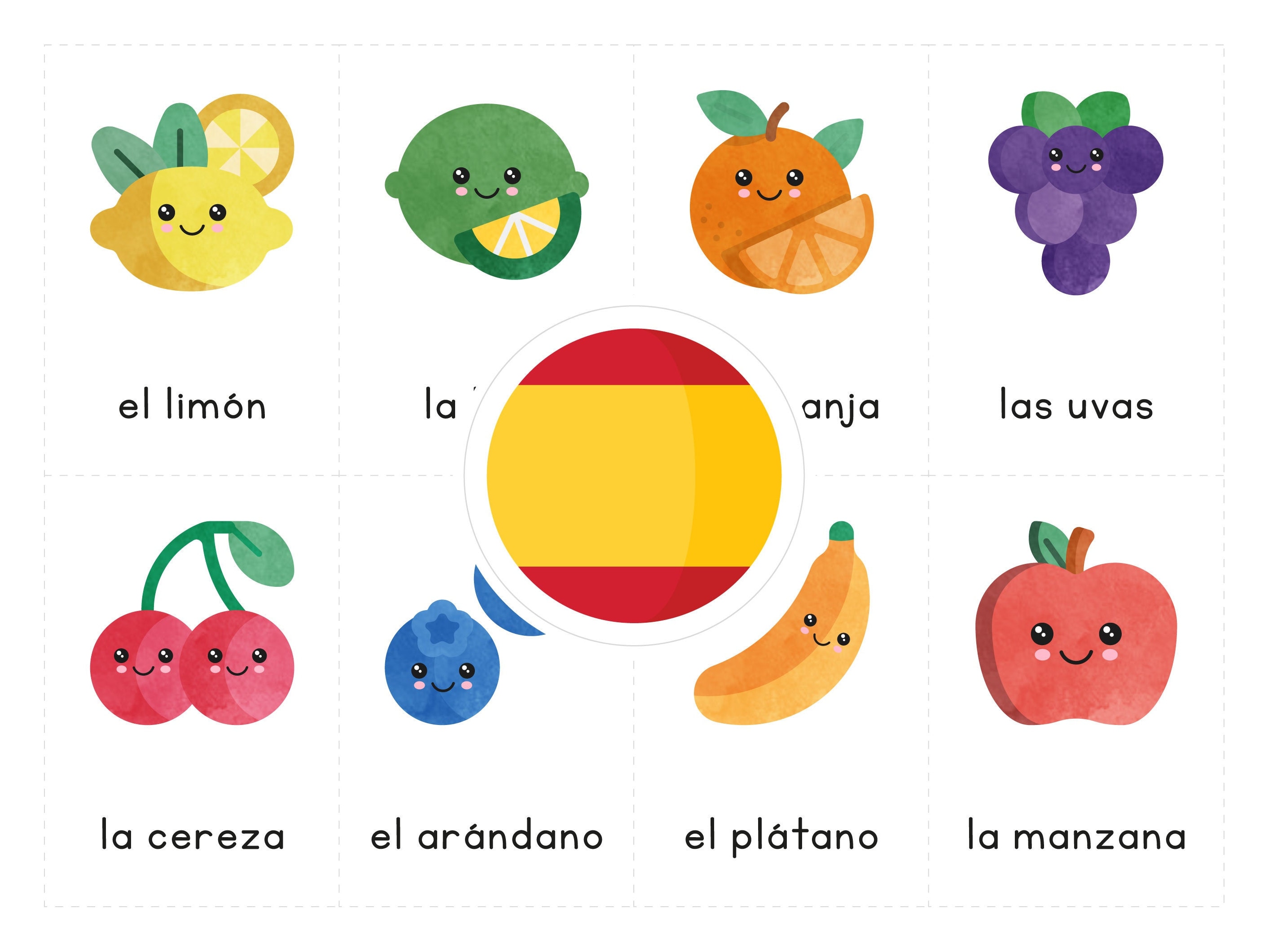 FRUITS Spanish Printable Flashcards Three-part Montessori Cards - Etsy