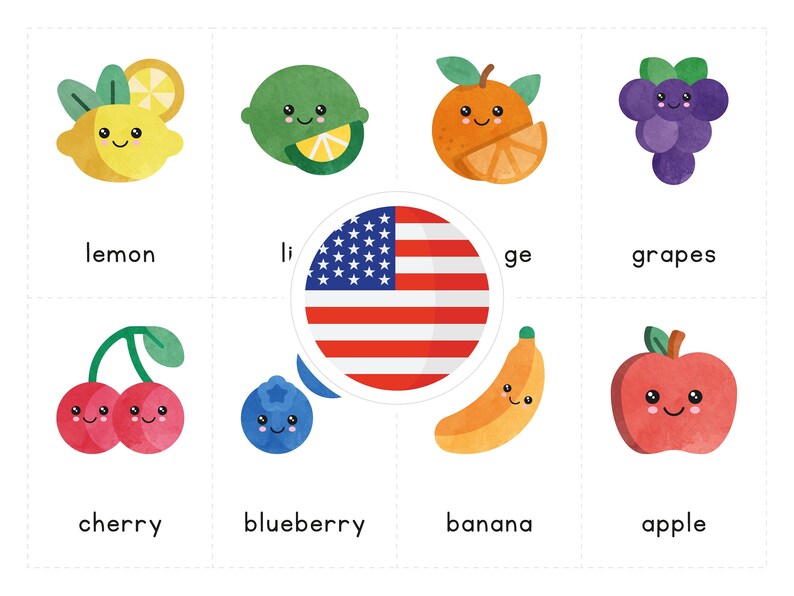 FRUITS English Printable Flashcards Three-part | Etsy
