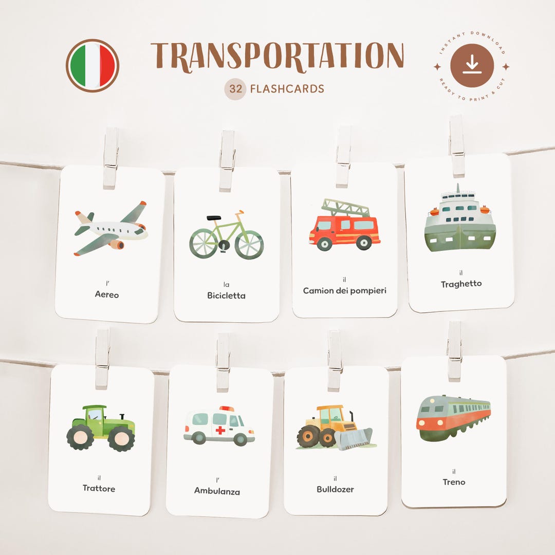 TRANSPORTATION • Italian • Printable Flashcards • Three-part Montessori ...