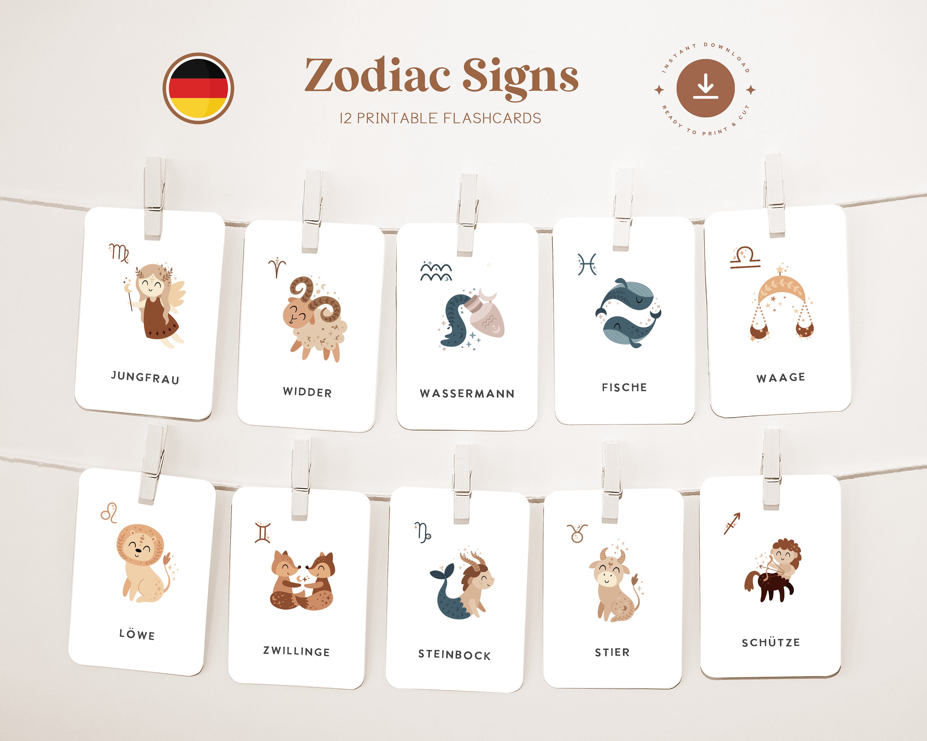 ZODIAC SIGNS German Printable Flashcards Three-part Montessori Cards - Etsy