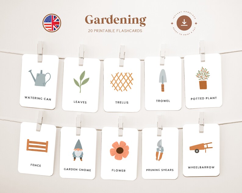 GARDENING English Printable Flashcards Three-part Montessori Cards ...