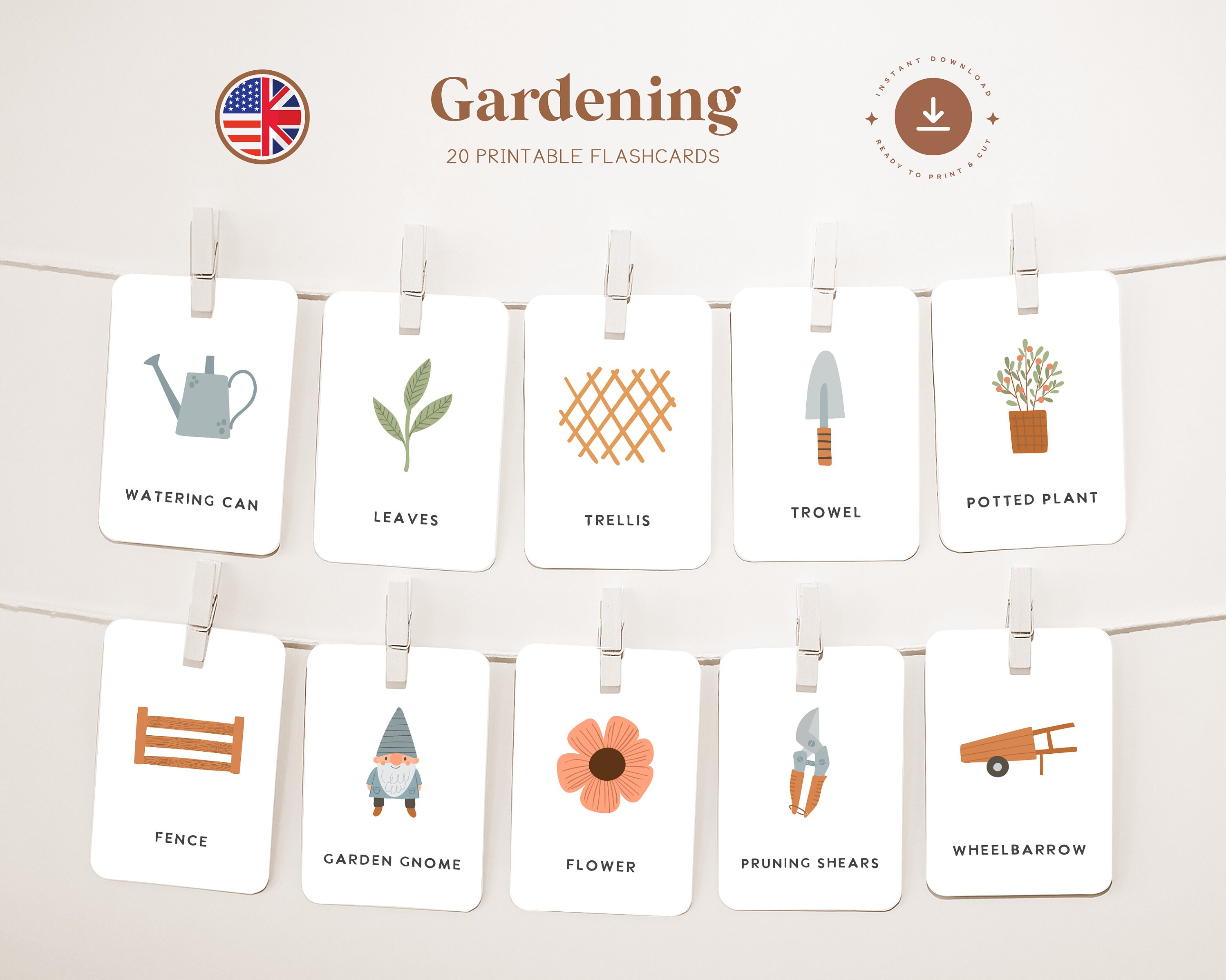 GARDENING English Printable Flashcards Three-part Montessori Cards ...