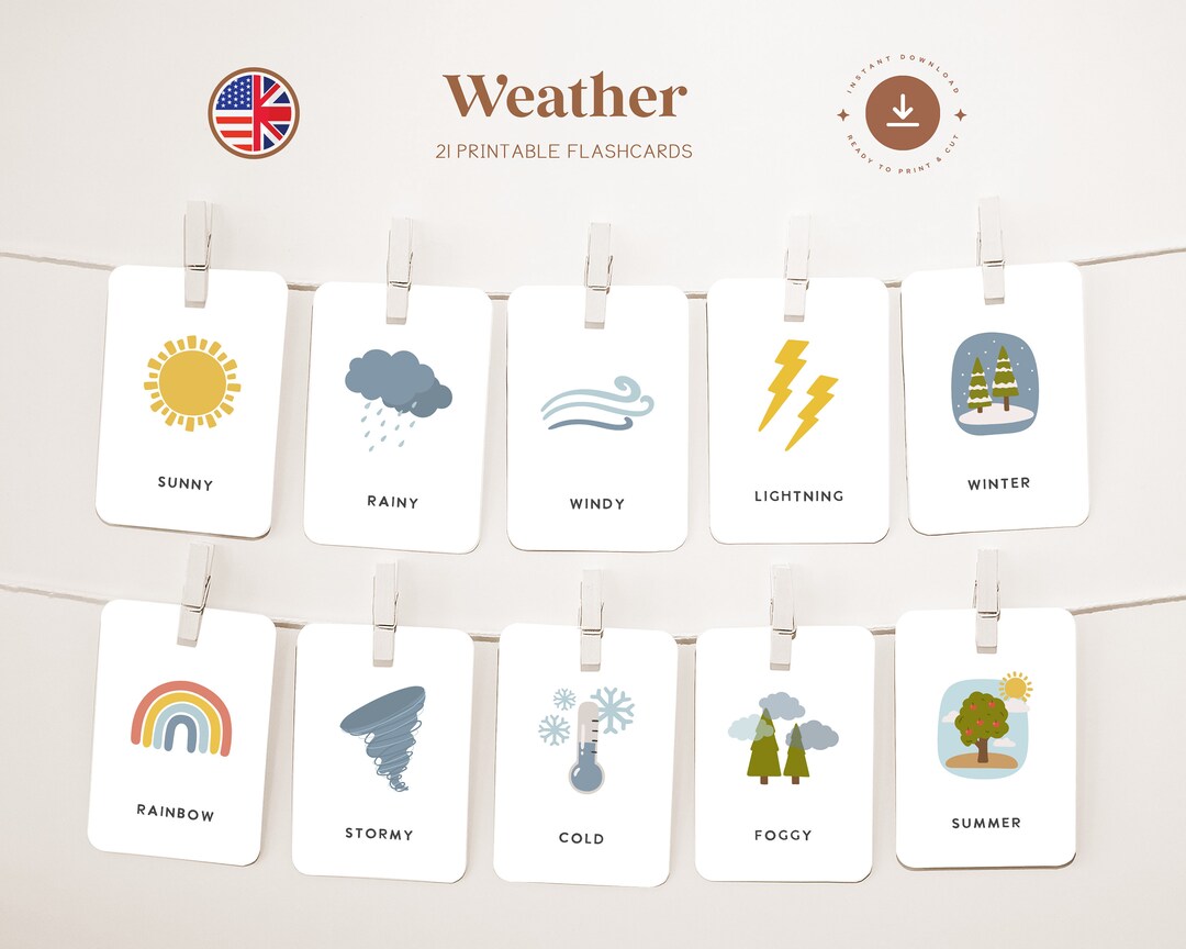 WEATHER English Printable Flashcards Three-part Montessori Cards ...