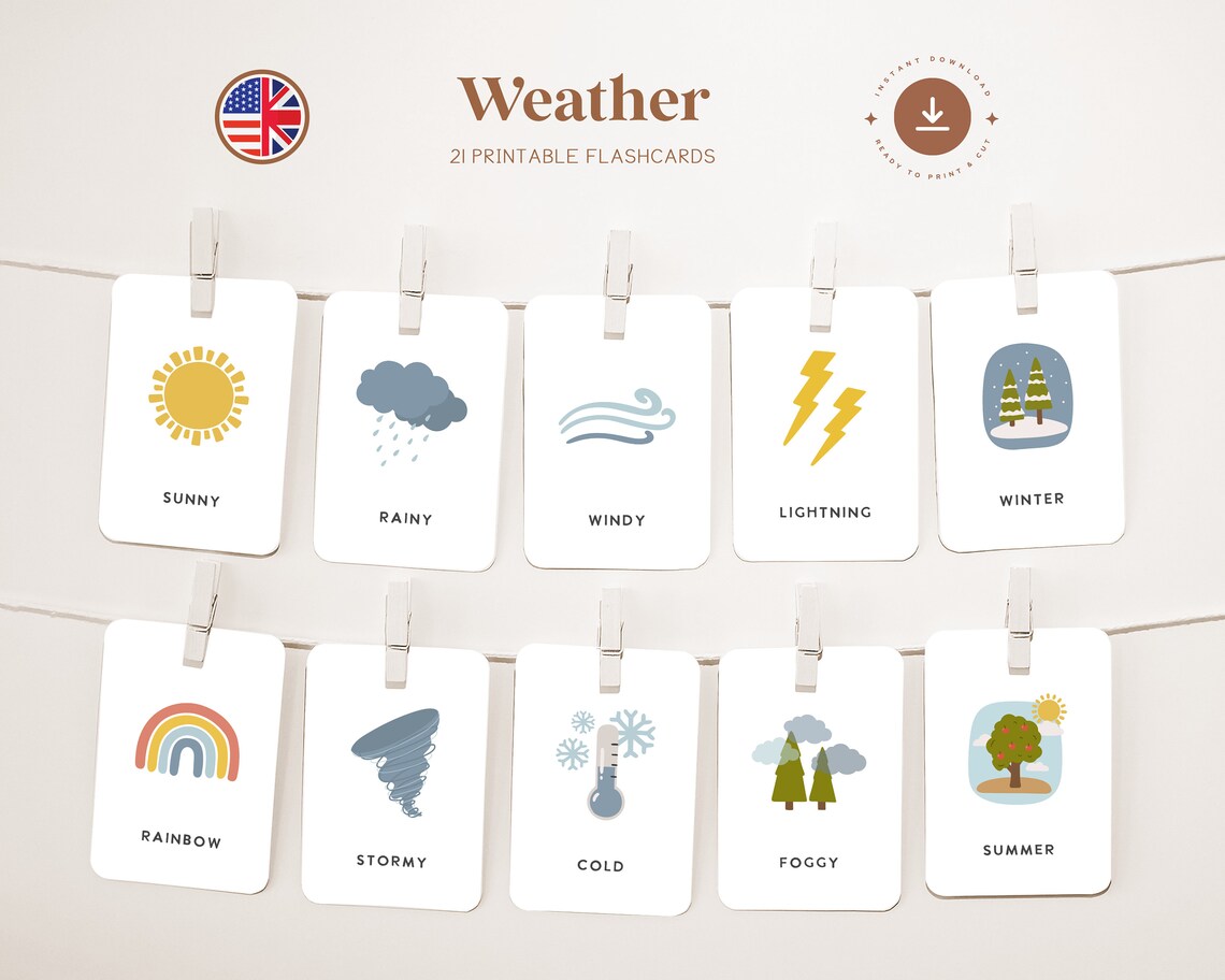 WEATHER English Printable Flashcards Three-part Montessori Cards ...