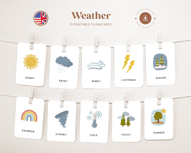 WEATHER English Printable Flashcards Three-part Montessori Cards ...