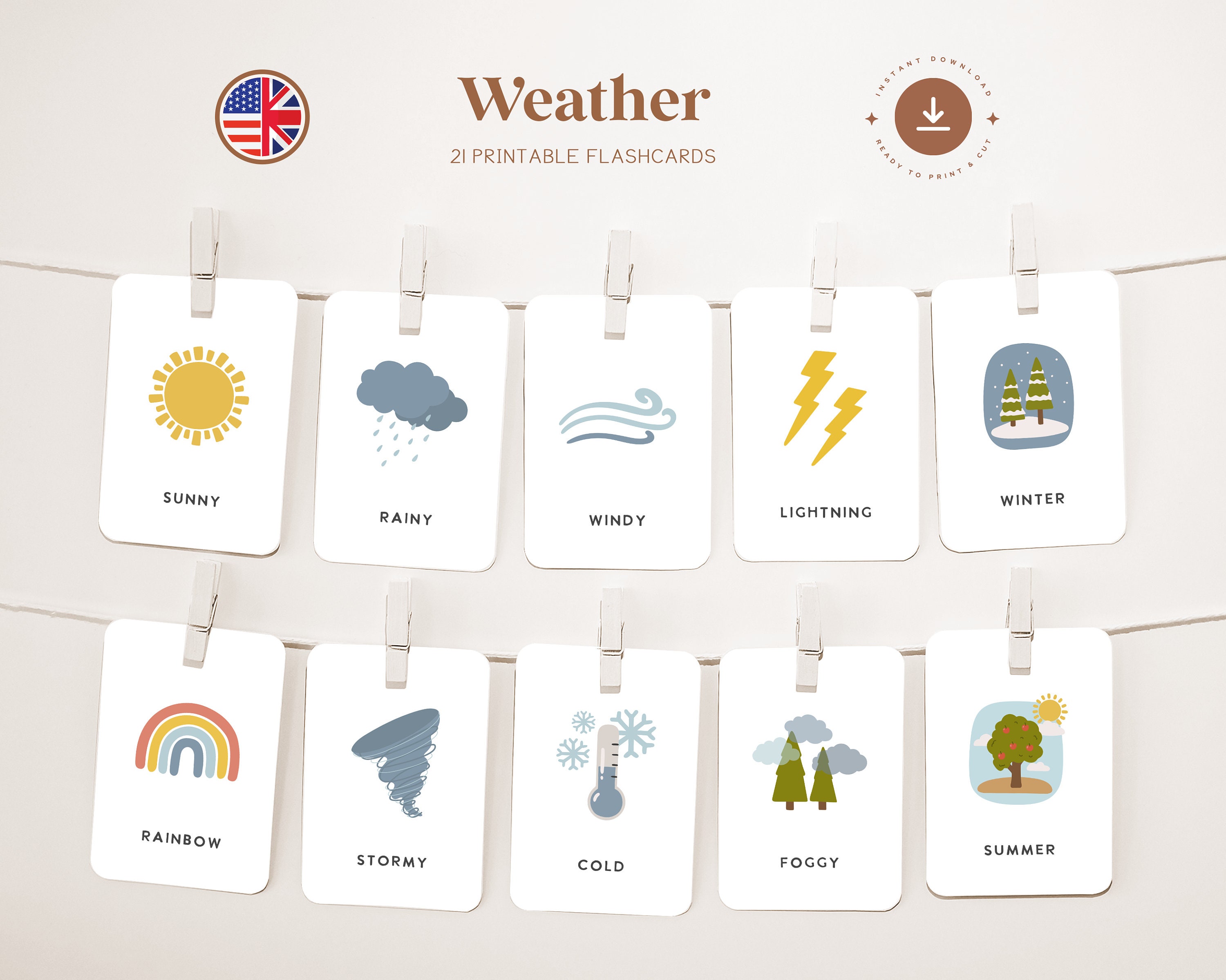 WEATHER English Printable Flashcards Three-part Montessori Cards ...
