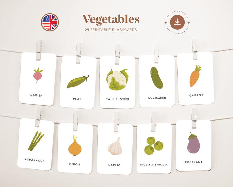 VEGETABLES English Printable Flashcards Three-part Montessori Cards ...