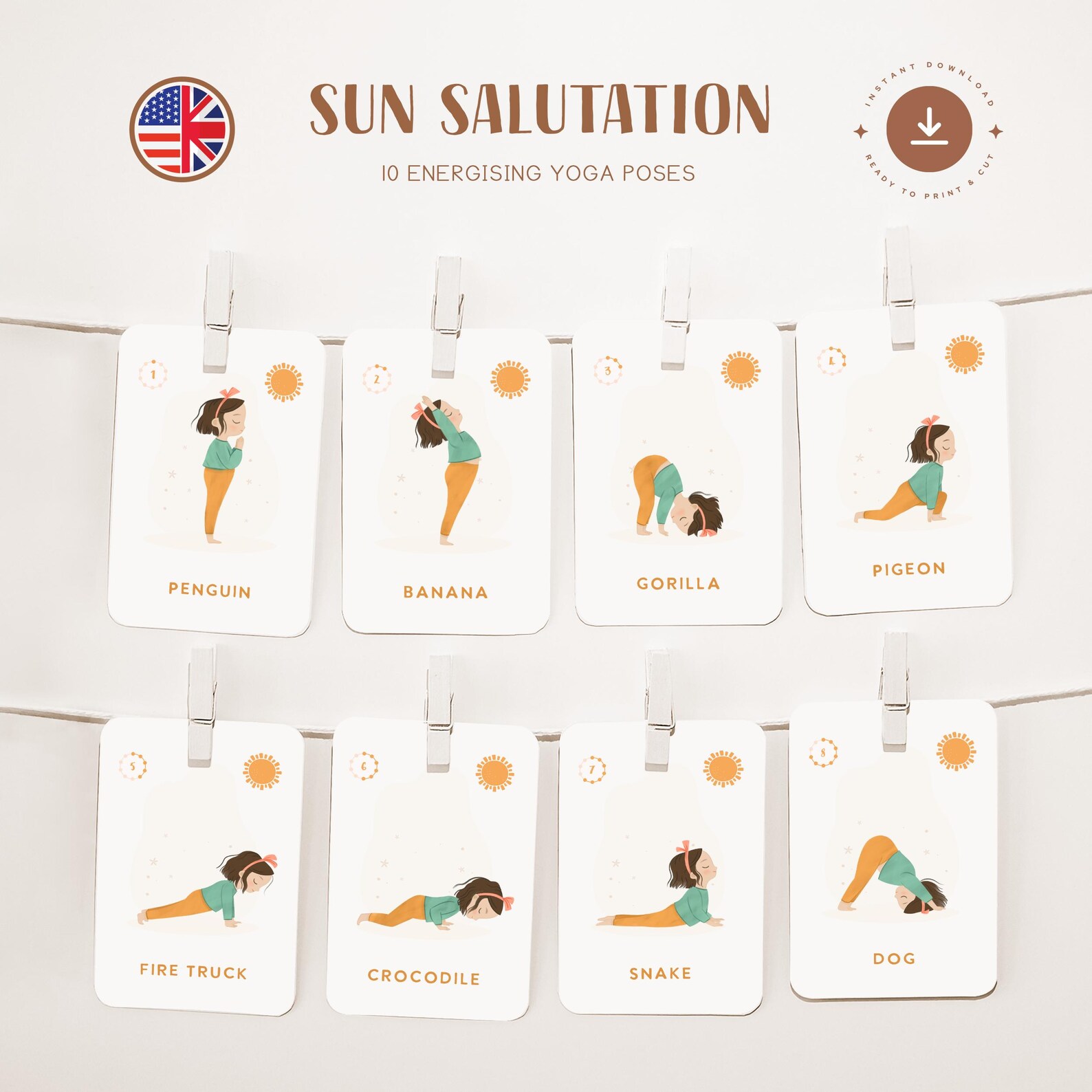 YOGA • Sun Salutation • English • Printable Cards • 10 Poses - Etsy