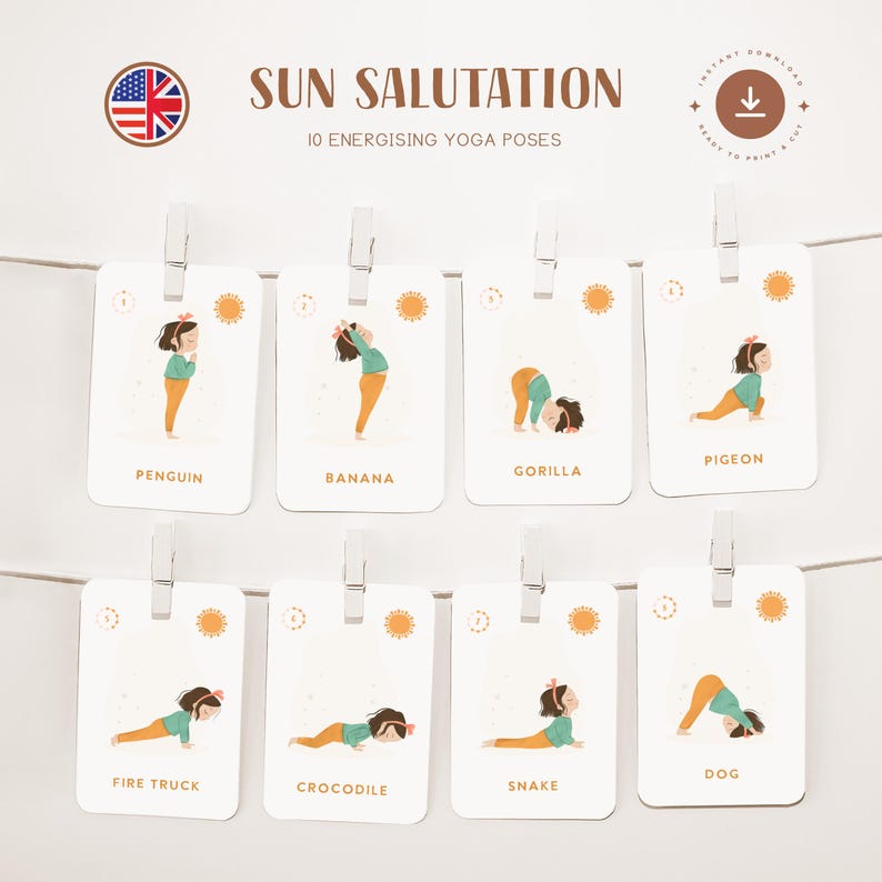 YOGA • Sun Salutation • English • Printable Cards • 10 Poses - Etsy