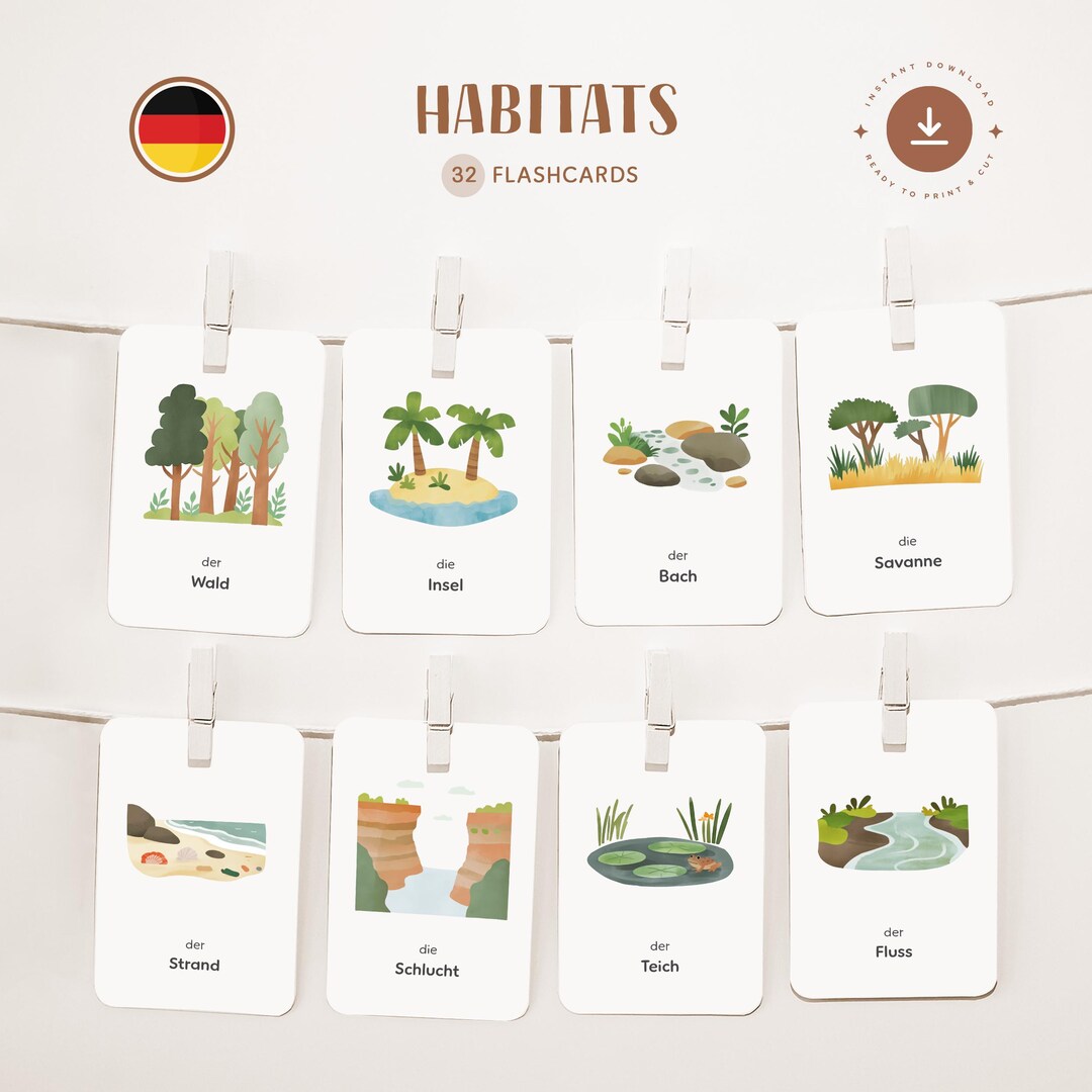 HABITATS & ECOSYSTEMS • German • Printable Flashcards • Three-part ...
