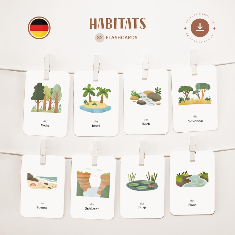 HABITATS & ECOSYSTEMS • German • Printable Flashcards • Three-part ...