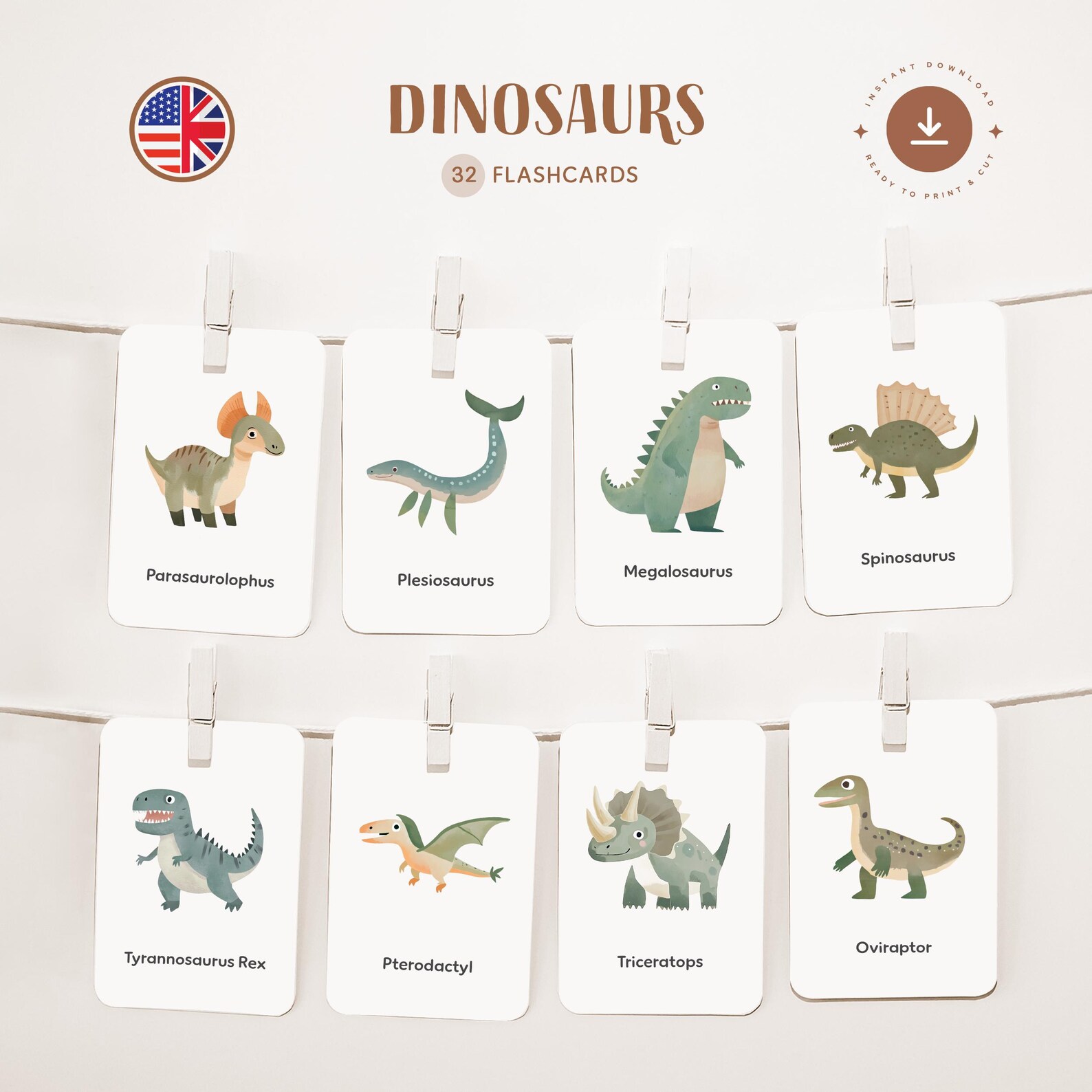 DINOSAURS • English • Printable Flashcards • Three-part Montessori ...