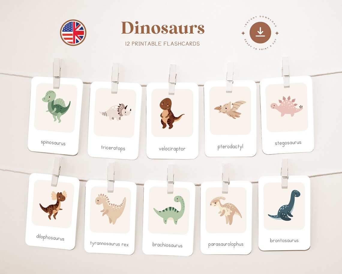 DINOSAURS English Printable Flashcards Three-part Montessori Cards - Etsy