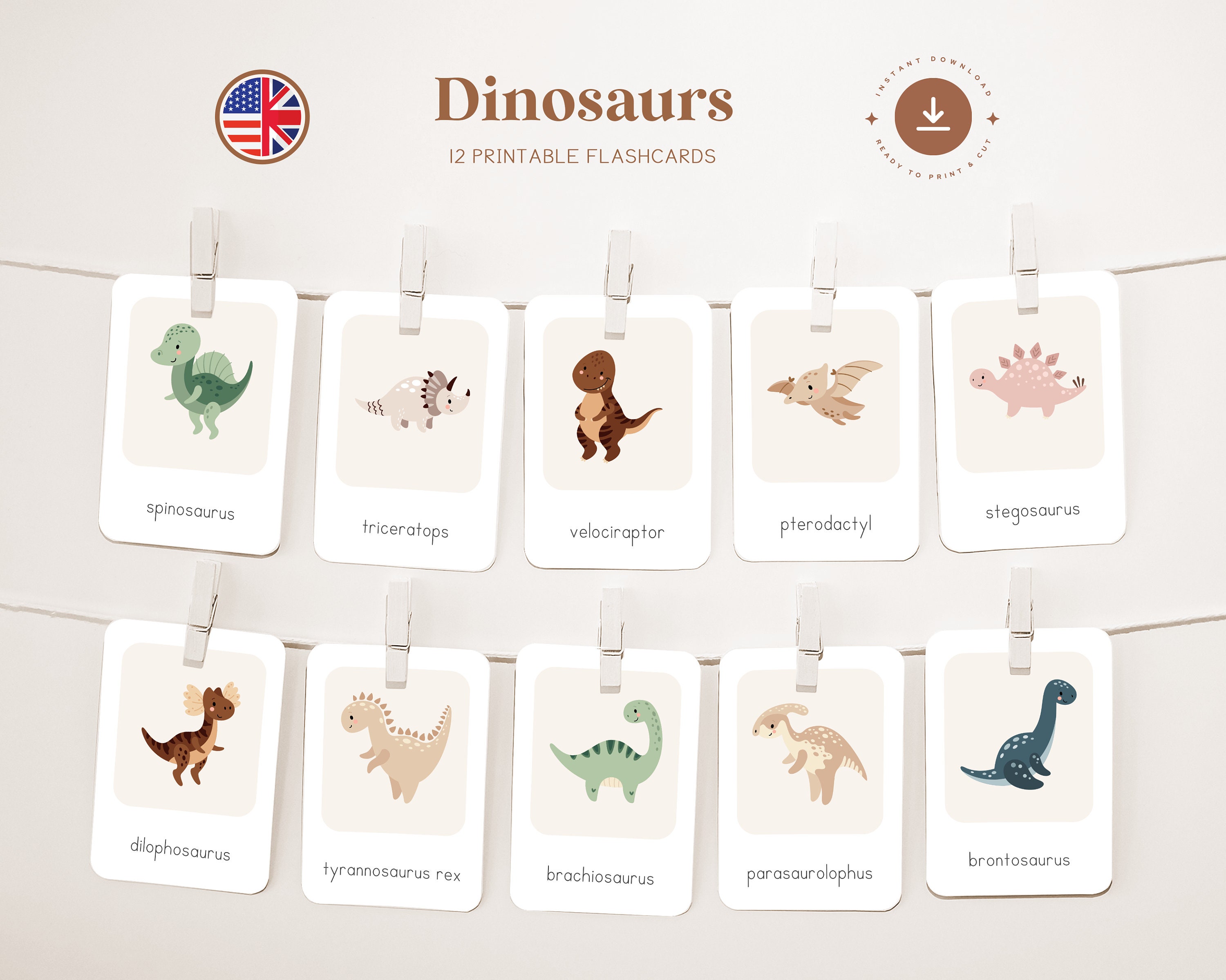 DINOSAURS English Printable Flashcards Three-part Montessori Cards - Etsy