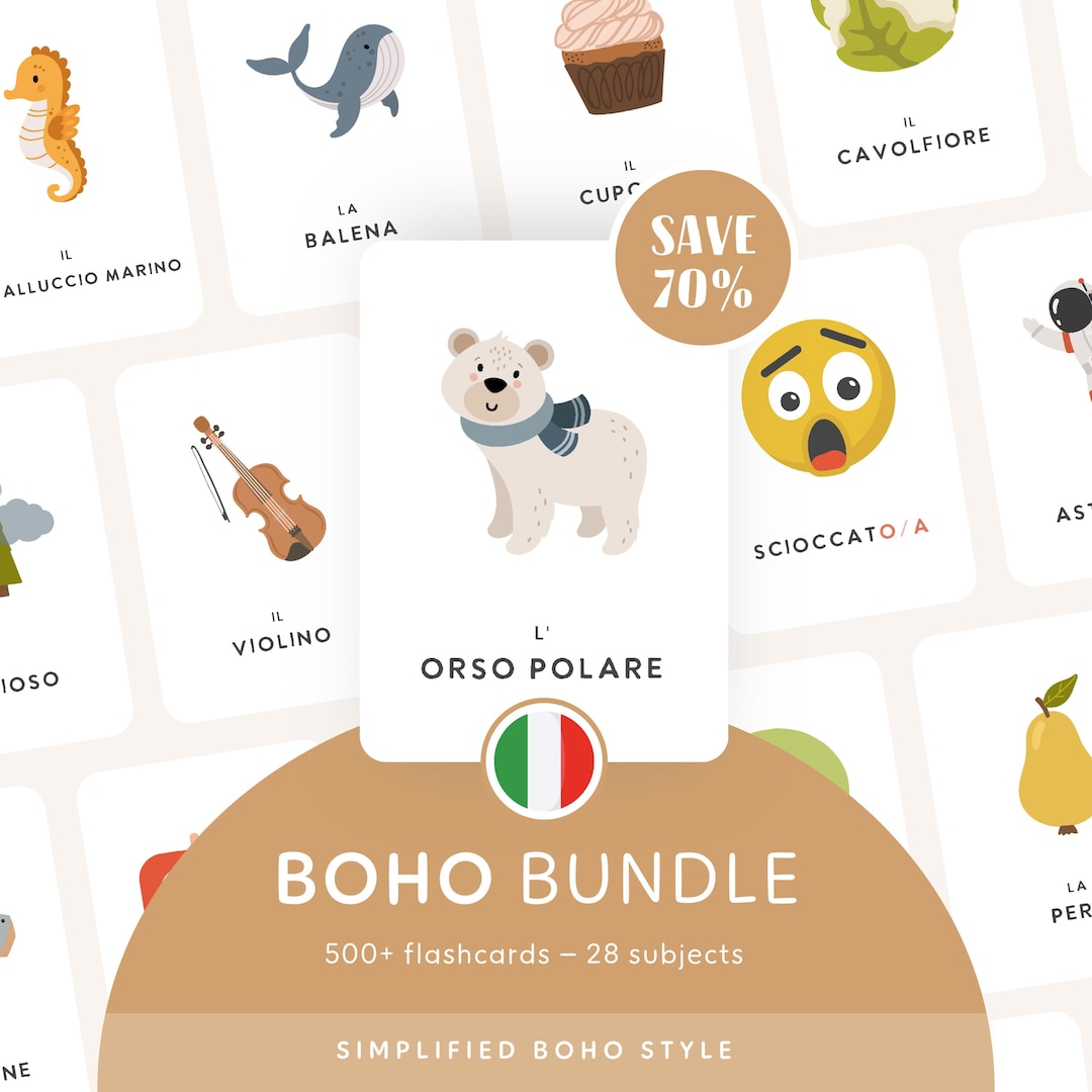BOHO BUNDLE Italian Printable Flashcards Three-part Montessori Cards ...