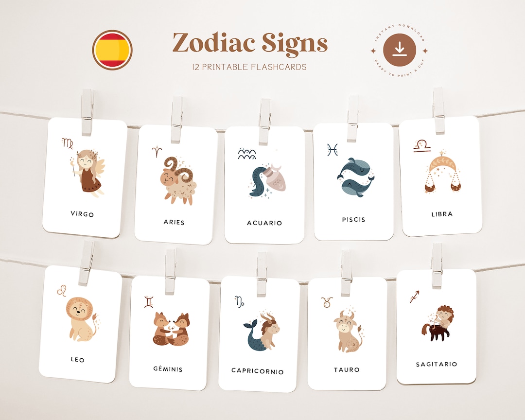 ZODIAC SIGNS • Spanish • Printable Flashcards • Three-part Montessori ...