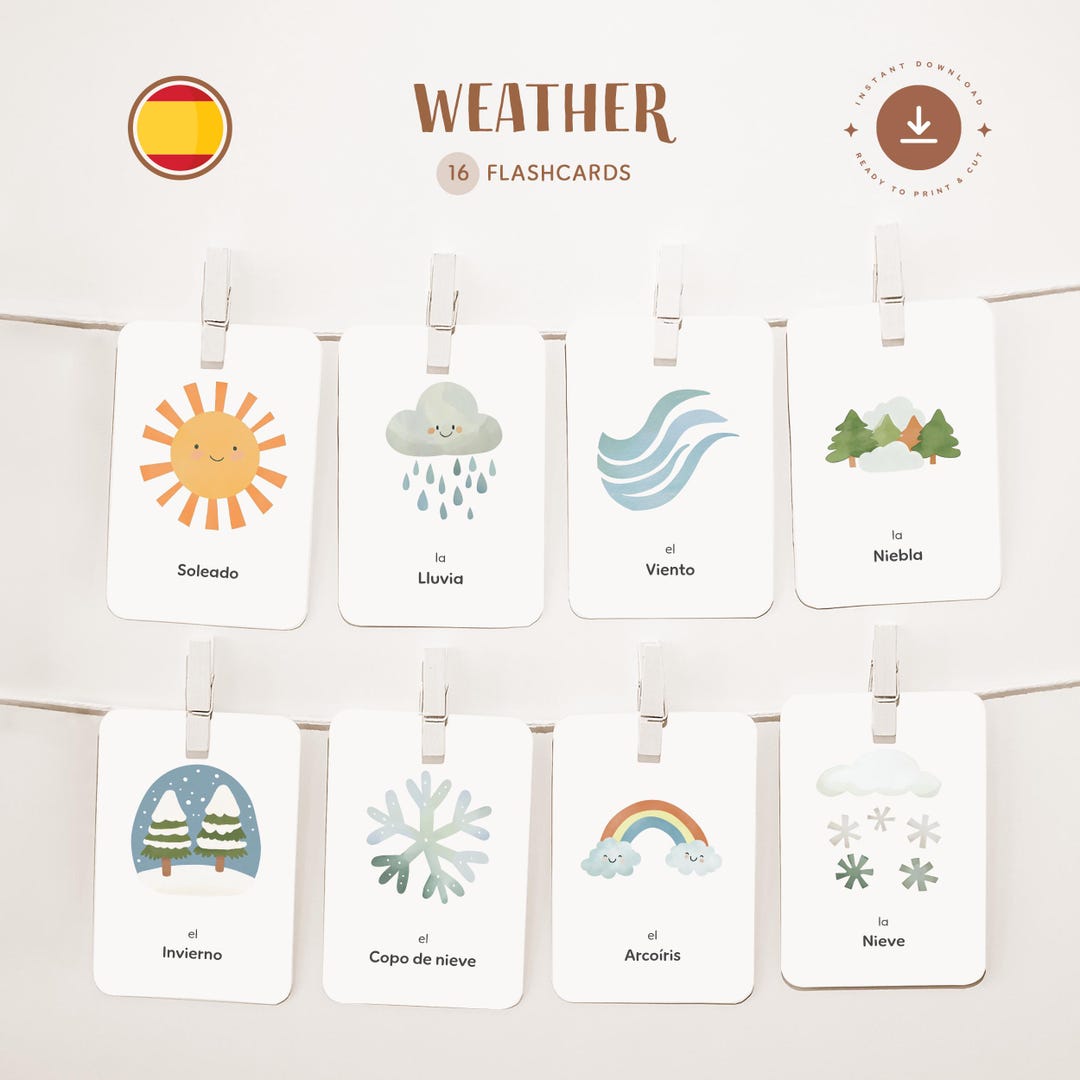 WEATHER • Spanish • Printable Flashcards • Three-part Montessori Cards ...