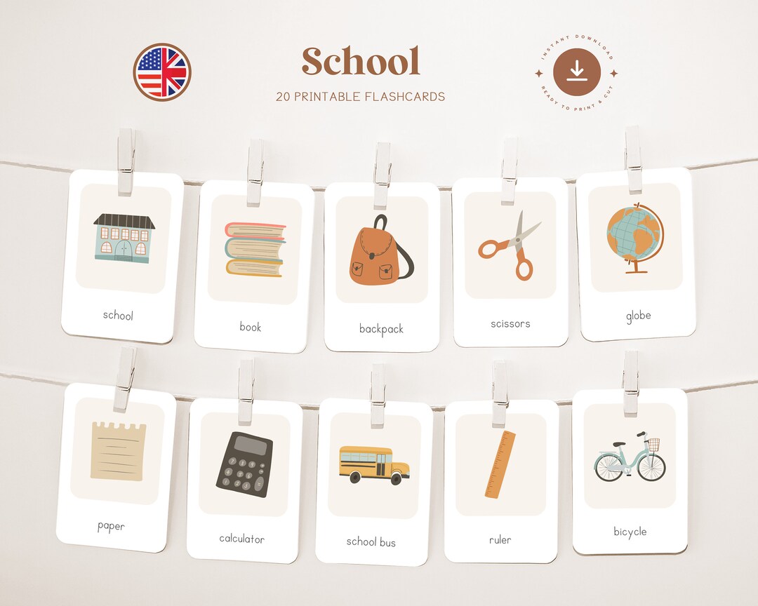 SCHOOL English Printable Flashcards Three-part Montessori Cards - Etsy