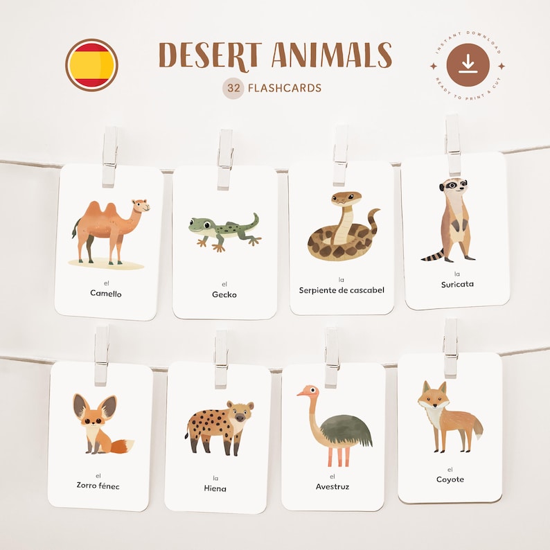 DESERT ANIMALS • Spanish • Printable Flashcards • Three-part Montessori ...