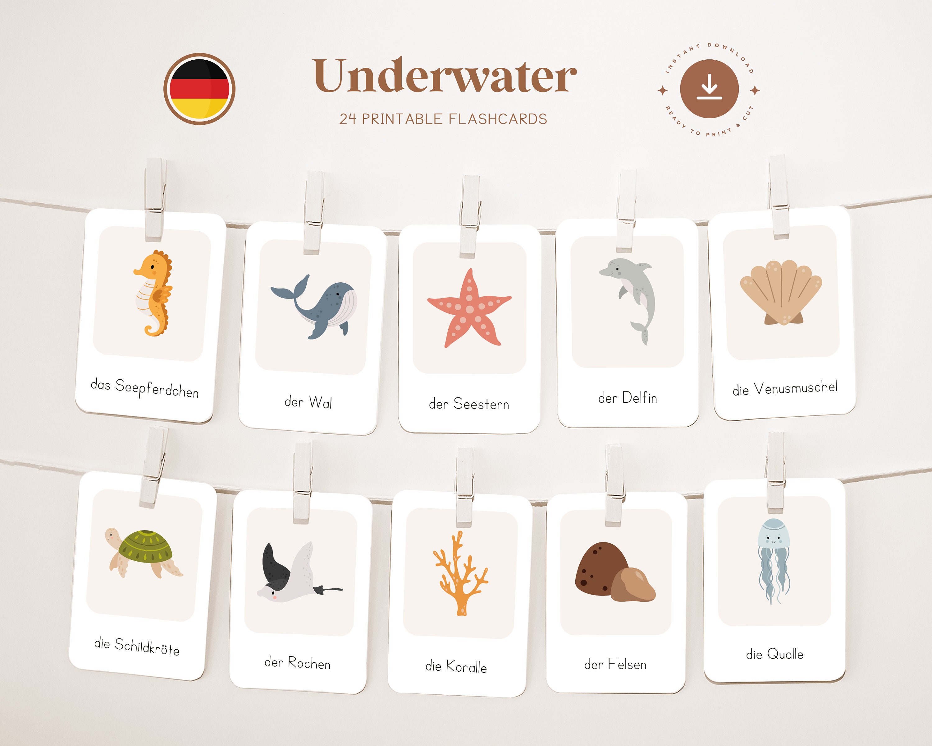 UNDERWATER German Printable Flashcards Three-part Montessori Cards - Etsy