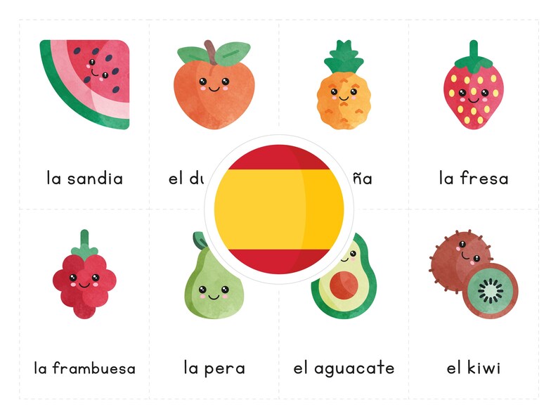 FRUITS Spanish Printable Flashcards Three-part Montessori Cards - Etsy