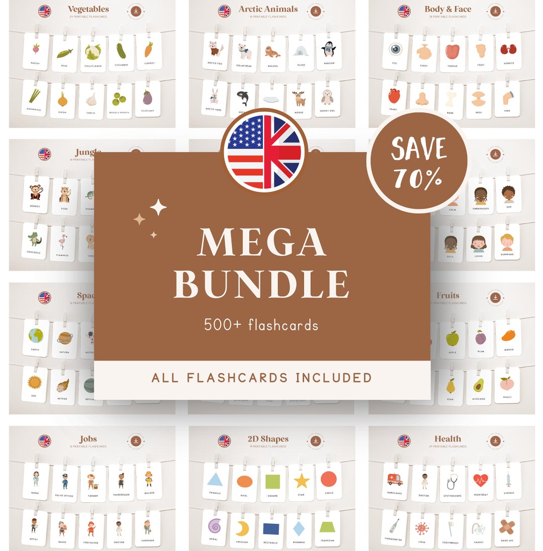 MEGA BUNDLE English Printable Flashcards Three-part Montessori Cards ...
