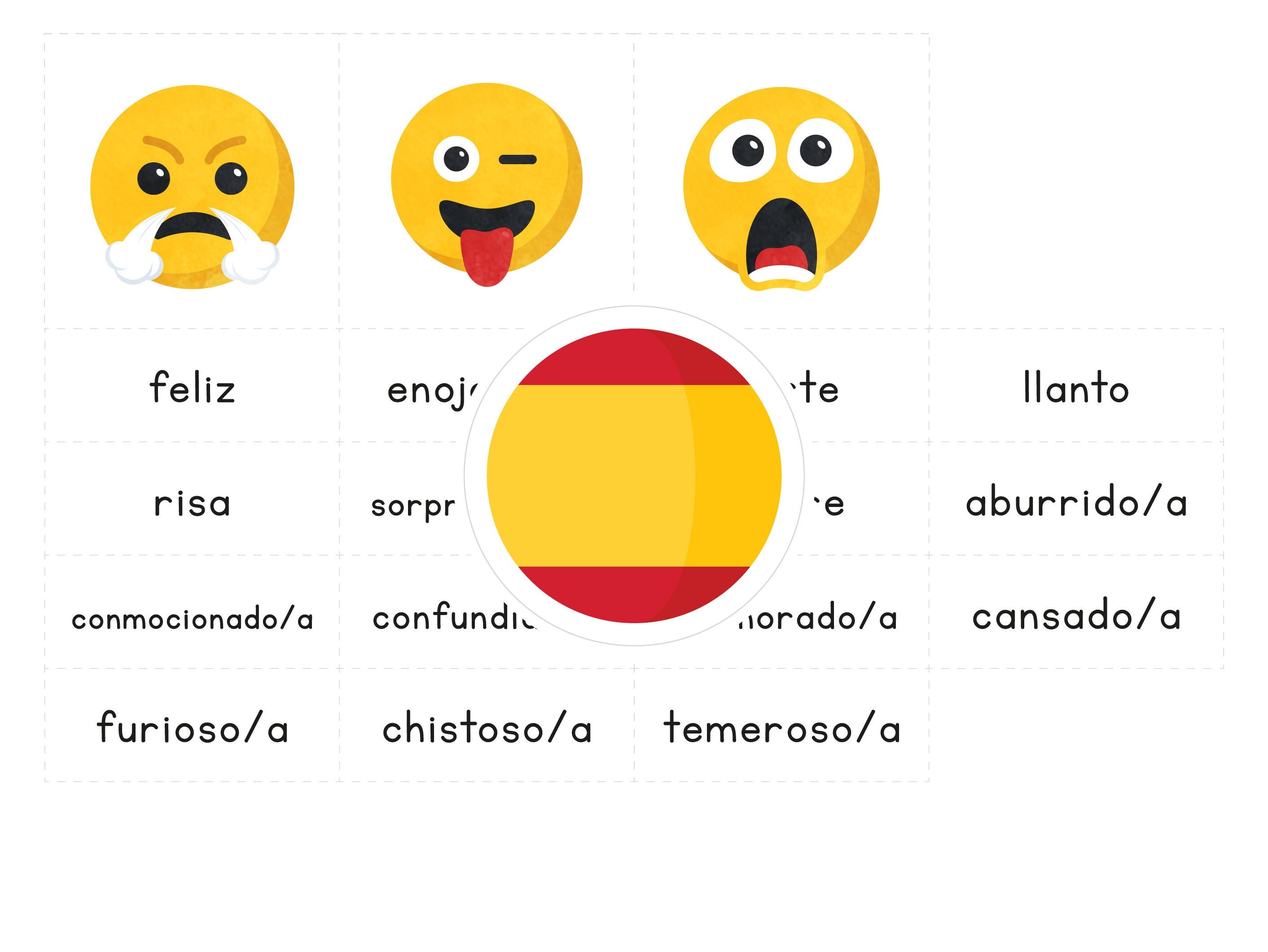EMOTIONS Spanish Printable Flashcards Three-part - Etsy