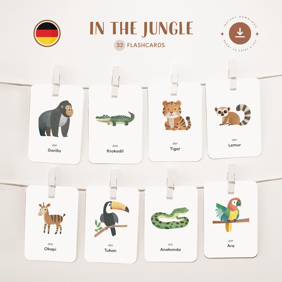 JUNGLE ANIMALS • German • Printable Flashcards • Three-part Montessori ...