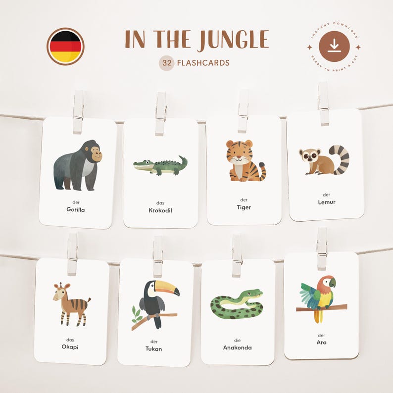 JUNGLE ANIMALS • German • Printable Flashcards • Three-part Montessori ...