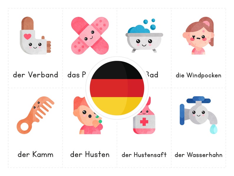 HEALTH & HYGIENE German Printable Flashcards Three-part | Etsy