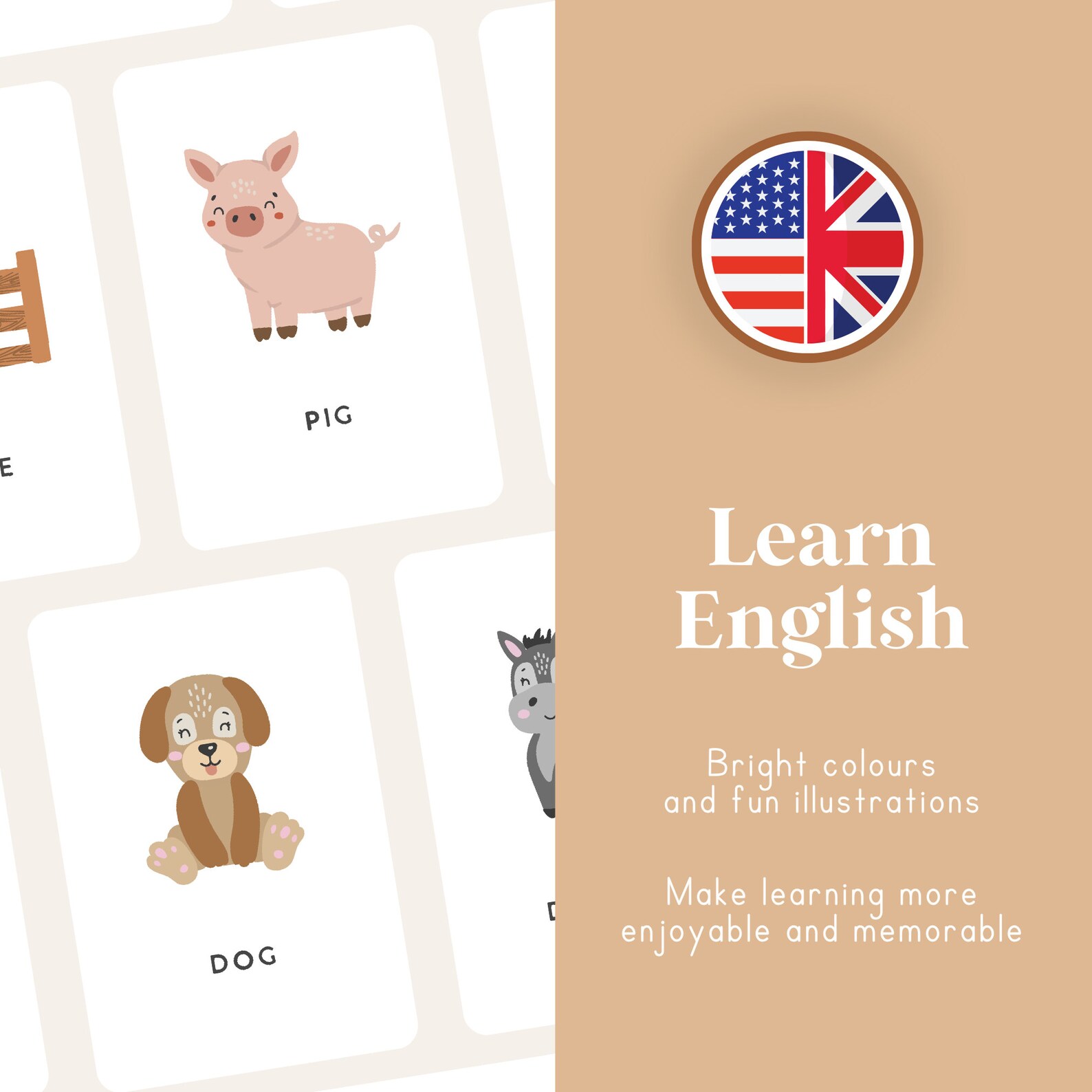 FARM ANIMALS English Printable Flashcards Three-part Montessori Cards ...