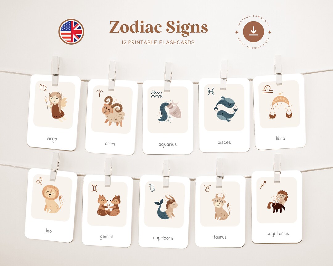ZODIAC SIGNS English Printable Flashcards Three-part Montessori Cards ...