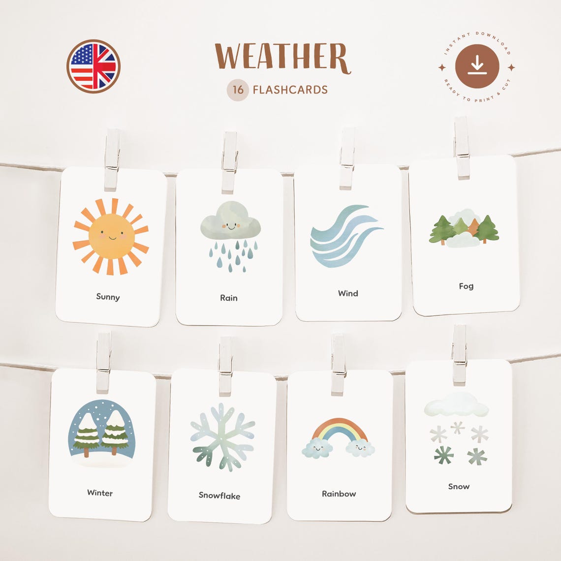 WEATHER • English • Printable Flashcards • Three-part Montessori Cards ...
