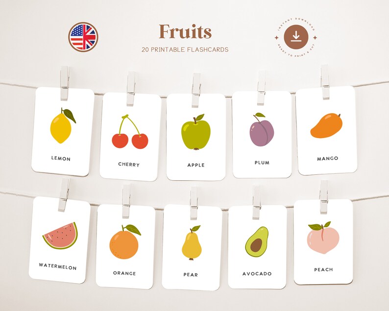 FRUITS English Printable Flashcards Three-part Montessori Cards ...