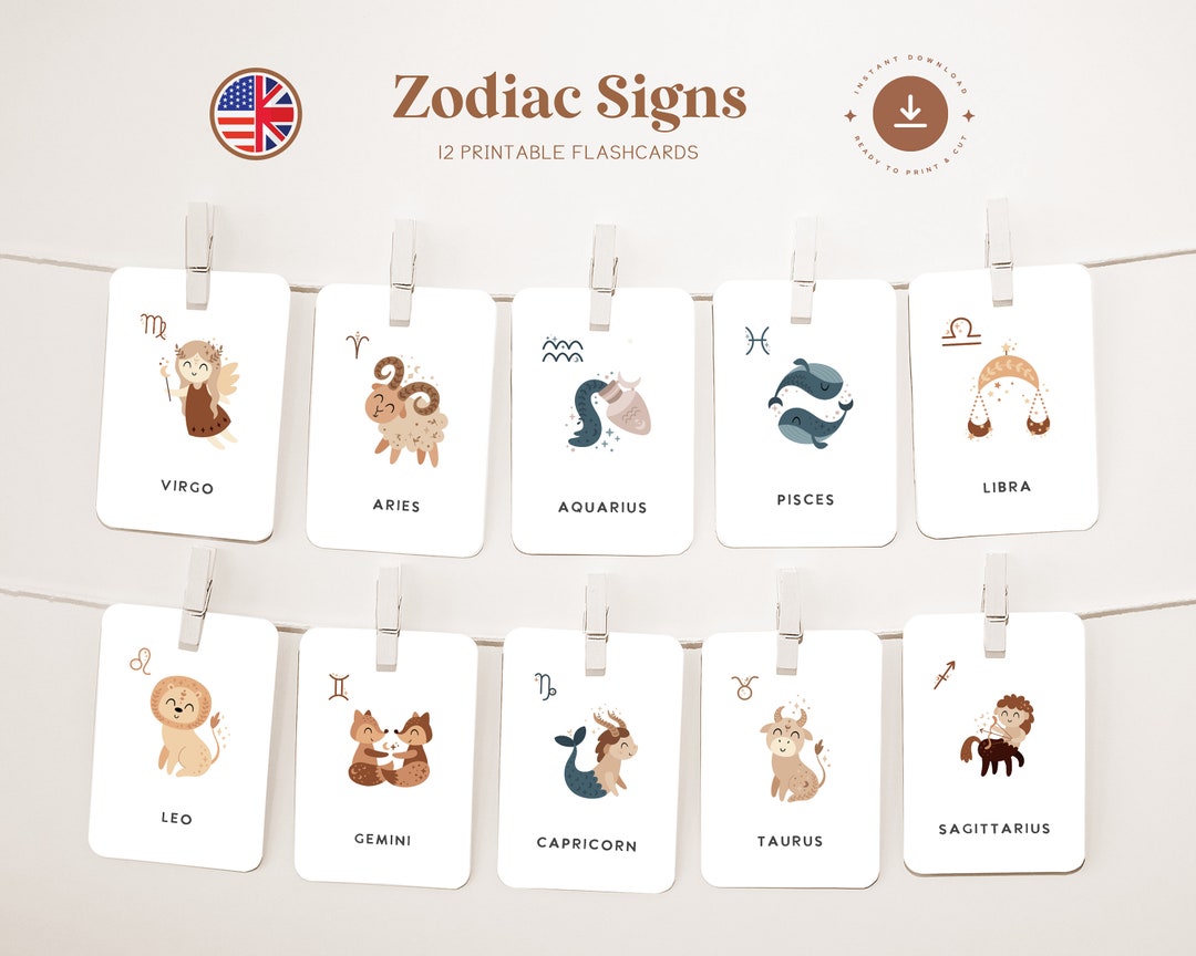 ZODIAC SIGNS • English • Printable Flashcards • Three-part Montessori ...