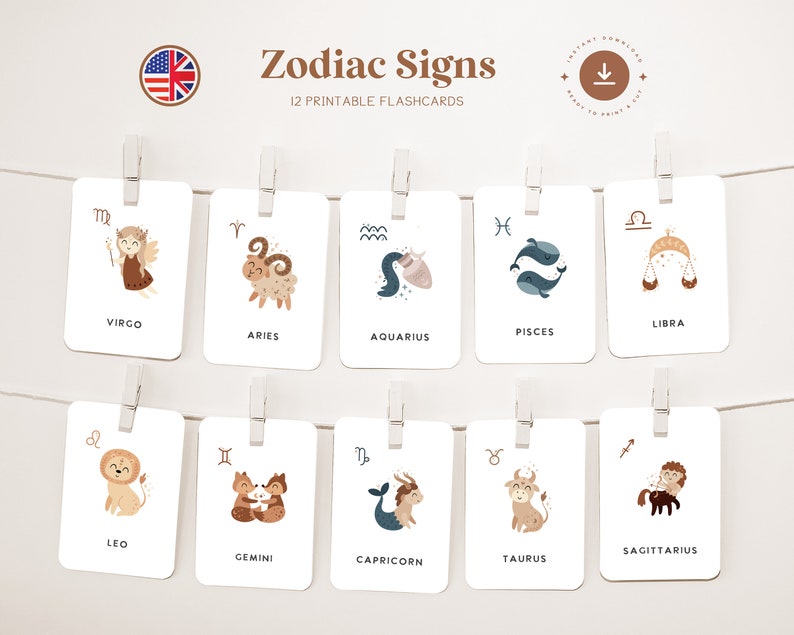 ZODIAC SIGNS • English • Printable Flashcards • Three-part Montessori ...