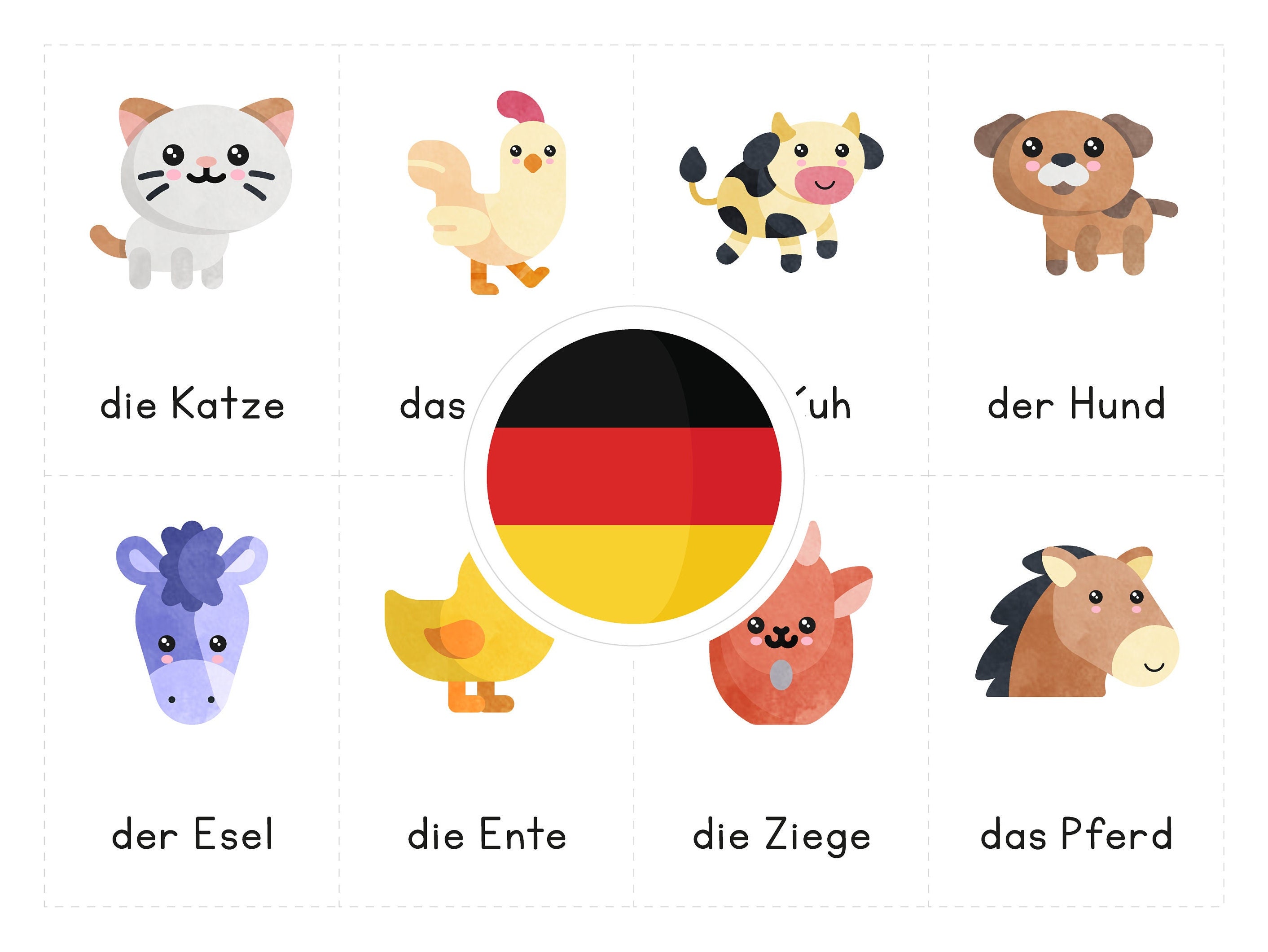 FARM ANIMALS German Printable Flashcards Three-part - Etsy