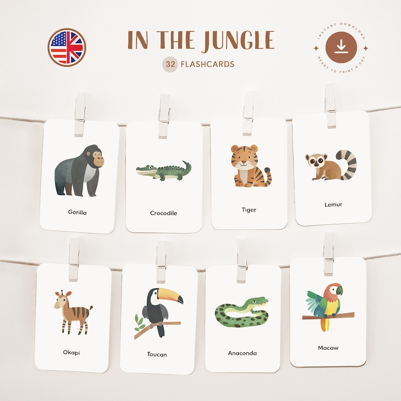 JUNGLE ANIMALS • English • Printable Flashcards • Three-part Montessori ...