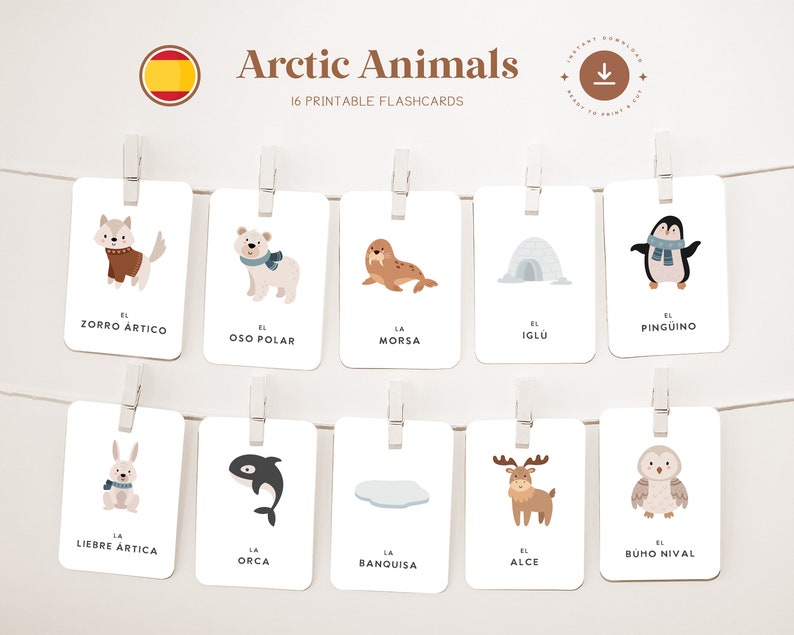 ARCTIC ANIMALS Spanish Printable Flashcards Three-part Montessori Cards ...
