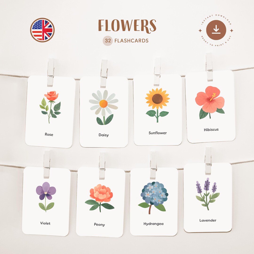 FLOWERS • English • Printable Flashcards • Three-part Montessori Cards ...