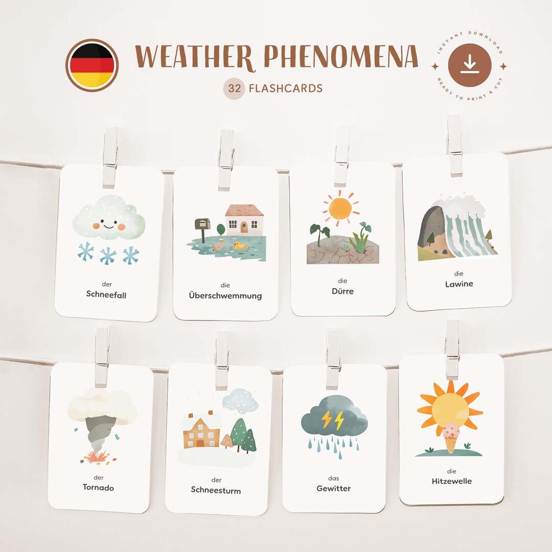 WEATHER PHENOMENA • German • Printable Flashcards • Three-part ...