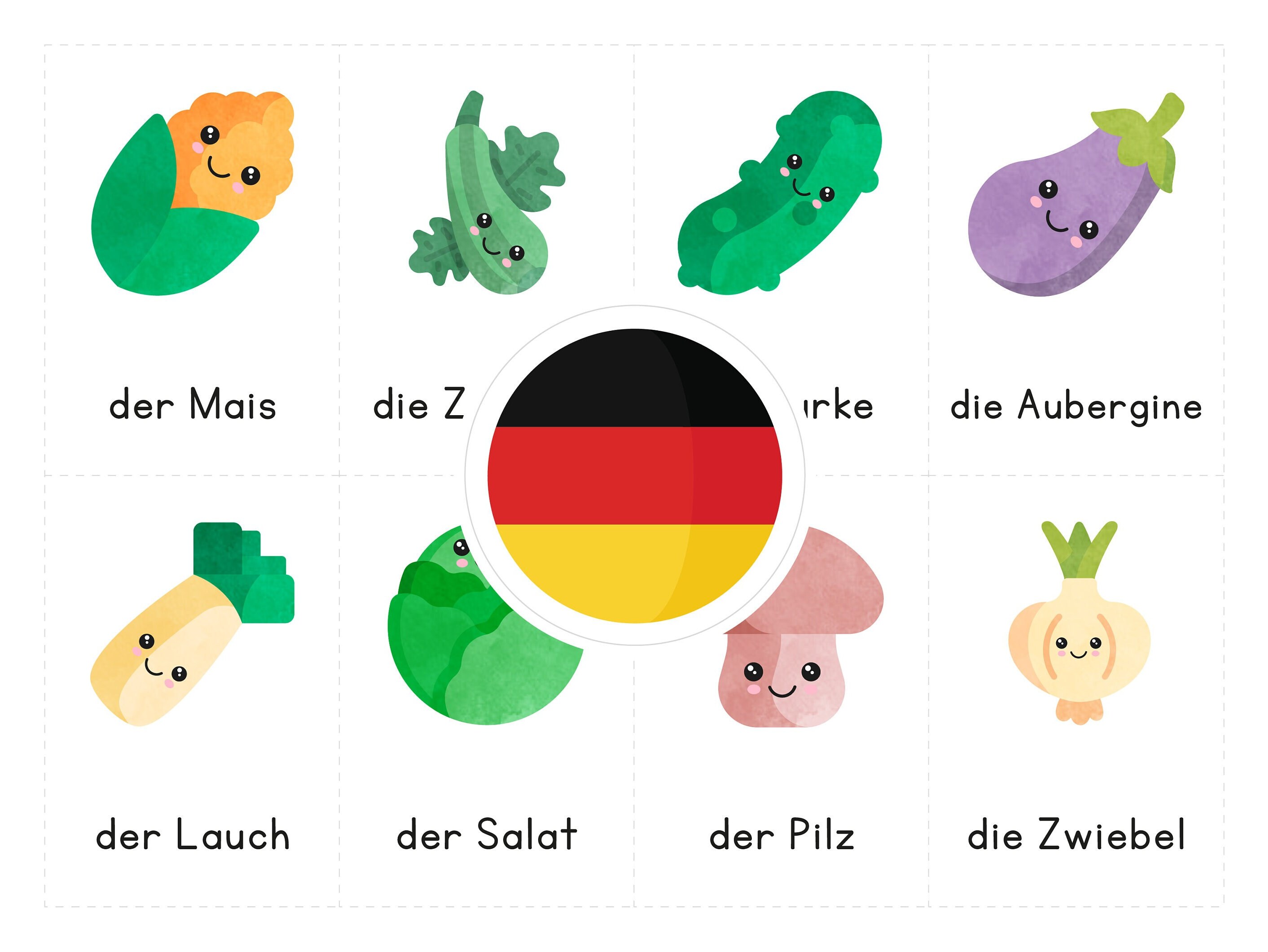 VEGETABLES German Printable Flashcards Three-part - Etsy