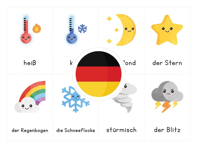 WEATHER German Printable Flashcards Three-part - Etsy