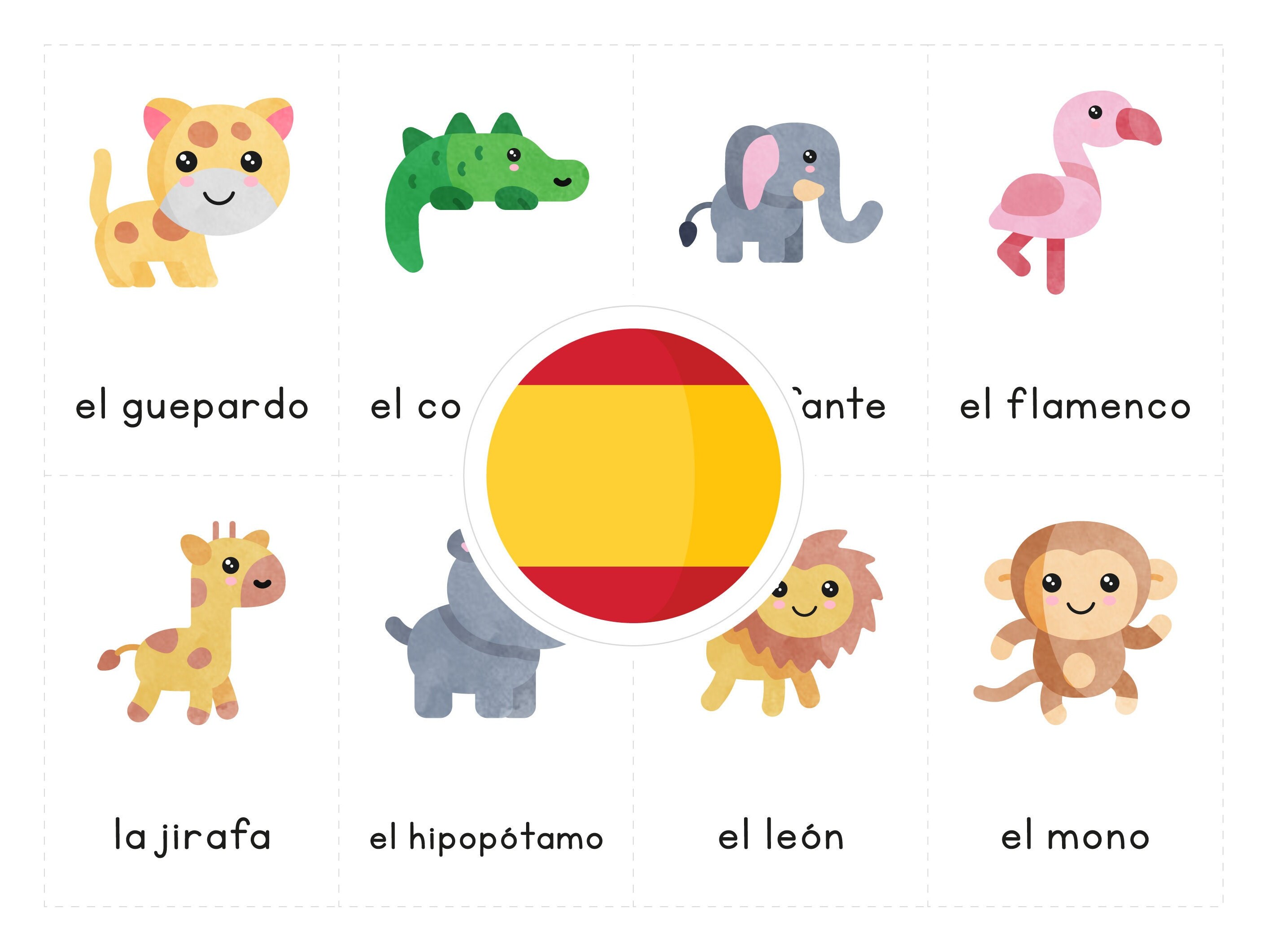JUNGLE ANIMALS Spanish Printable Flashcards Three-part Montessori Cards ...
